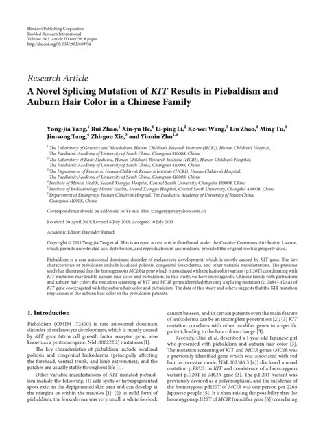 Pdf A Novel Splicing Mutation Of Kit Results In Piebaldism And Auburn Hair Color In A Chinese