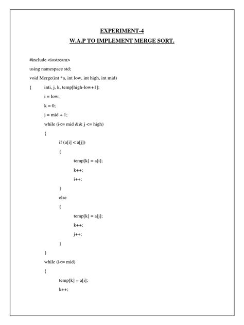 Experiment 4 Wap To Implement Merge Sort Pdf Computing Discrete Mathematics