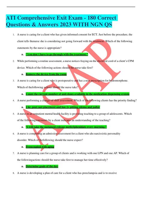 Ati Comprehensive Exit Exam 180 Correct Questions And Answers 2023 With Ngn Qs Ati