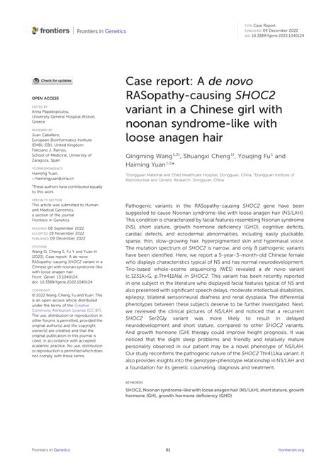 Pdf Case Report A De Novo Rasopathy Causing Shoc2 Variant In A Chinese Girl With Noonan