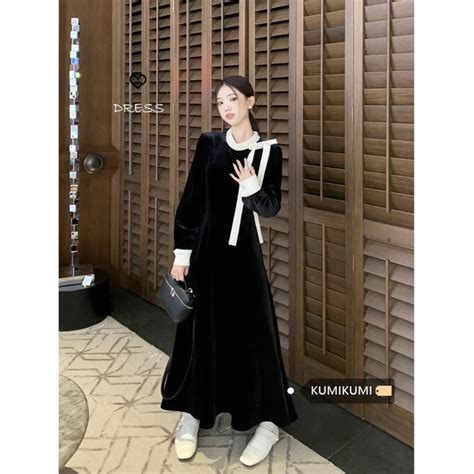 벨벳 블랙 진주넥 리본 롱원피스