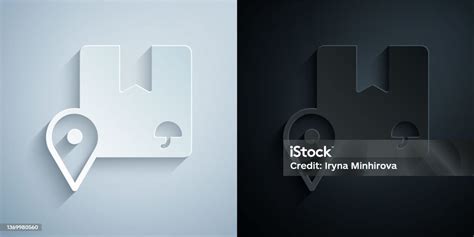 종이 잘라 회색과 검은 색 배경에 격리 골판지 상자 아이콘 위치 배달 서비스 물류 및 운송 유통 종이 아트 스타일 벡터 3차원 형태에 대한 스톡 벡터 아트 및 기타 이미지