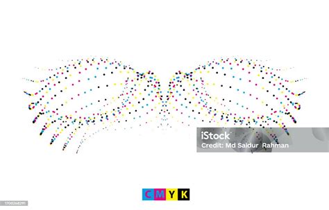 Cmyk 새의 날개 세트 흰색 배경에 Cmyk 하프 톤 도트 효과 디자인 다채로운 모양 로고 색상 그라데이션 기호 로고 유형 하프 톤 벡터 텍스처 라운드 원 그리드 추상