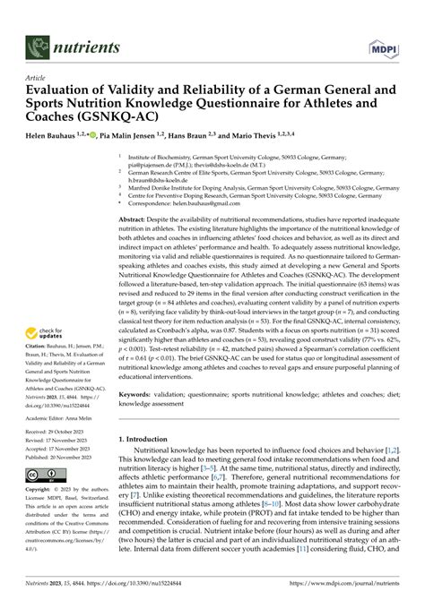 Pdf Evaluation Of Validity And Reliability Of A German General And Sports Nutrition Knowledge