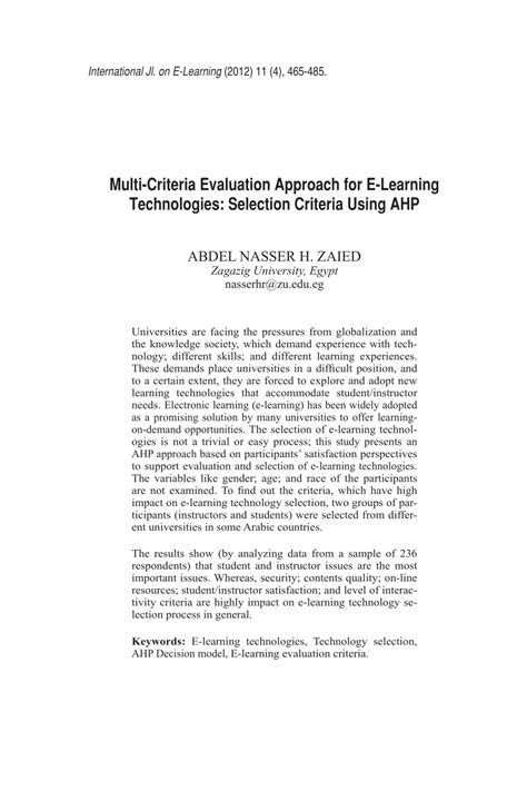Pdf Multi Criteria Evaluation Approach For E Learning Technologies Selection Criteria Using Ahp