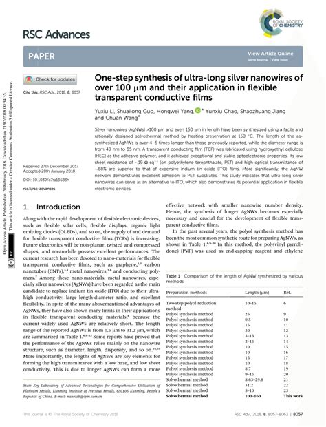 Pdf One Step Synthesis Of Ultra Long Silver Nanowires Of Over 100 μm And Their Application In