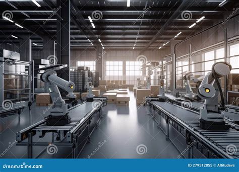 Packaging And Sorting Robots In Futuristic Warehouse With High Tech Equipment And Sleek