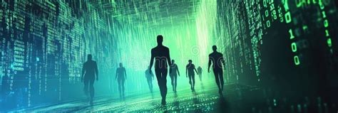 Exploring The Abstract Digital Realm With Human Silhouettes Amidst Floating Matrix Code