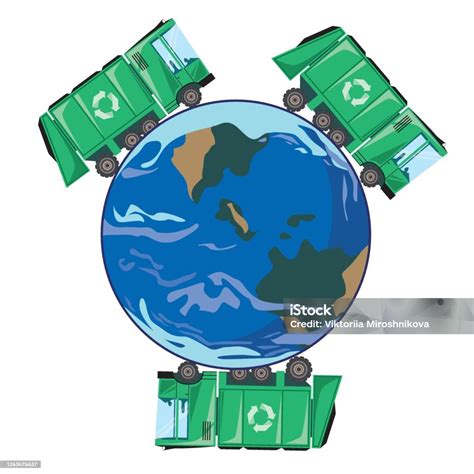 행성 지구와 흰색 배경에 고립 된 큰 쓰레기 선별 기계 세계에서 쓰레기를 분류하는 개념으로 평평한 벡터 스톡 일러스트 산업