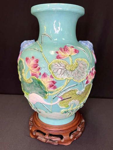 Chinese Wang Bing Rong Porcelain Vase With A Rosewood Stand