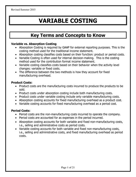 Variable Costing CR VARIABLE COSTING Key Terms And Concepts To Know Variable Vs Absorption