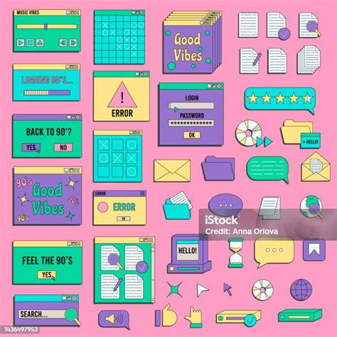 증기파 Ui 및 Ux 요소 집합입니다 Pc 복고풍 게임 프레임 향수 스타일 70 년대 80 년대 90 년대 여가활동 게임에 대한