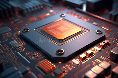 Focus On A Central Processing Unit Microchip With Motherboard Component Background Stock