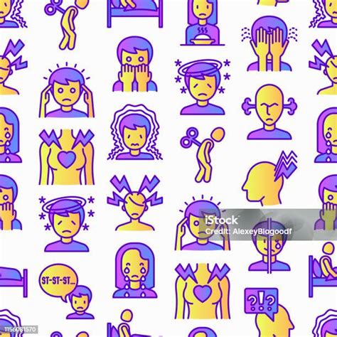 얇은 라인 아이콘 신경 증 원활한 패턴 공황 발작 두통 피로 불면증 절망 공포증 기분 불안정 망가 Psychalgia 현기증 현대 벡터 그림입니다 만성질환에 대한 스톡 벡터