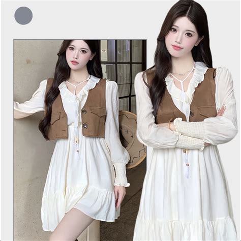 빠른배송 세일 보헤미안스타일셋업 빈티지 긴팔 셔링 뒷밴딩 빅사이즈원피스 베스트 조끼 세트 에이블리