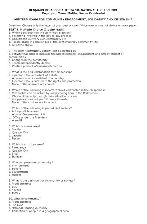 Midterm Exam For CESC BENJAMIN VELASCO BAUTISTA SR NATIONAL HIGH Babe Pagatpat Mana