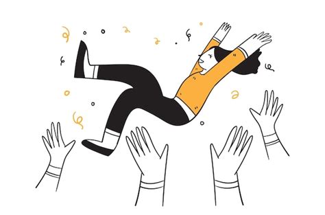 성공을 축하하는 개념 행복한 여자 낙서 그림 프리미엄 벡터