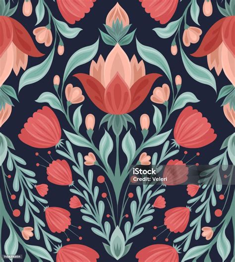 타일에 기하학적 장식 꽃과 줄기가 있는 벡터 식물 질감 꽃 마름모 구성의 민속 예술 패턴 연속무늬에 대한 스톡 벡터 아트 및