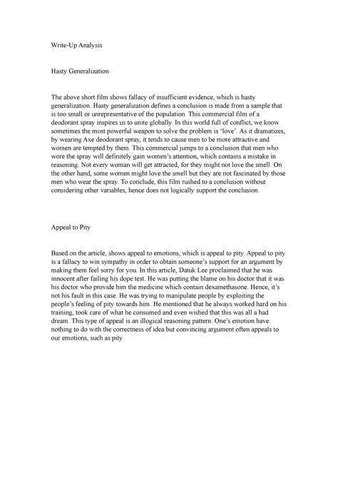 Write Up Analysis Write Up Analysis Hasty Generalization The Above Short Film Shows Fallacy Of