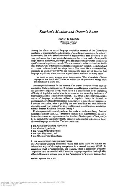 Krashens Monitor And Occams Razor Pdf Language Acquisition Second Language Acquisition