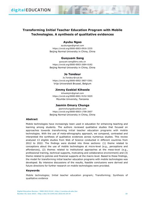Pdf Transforming Initial Teacher Education Program With Mobile Technologies A Synthesis Of