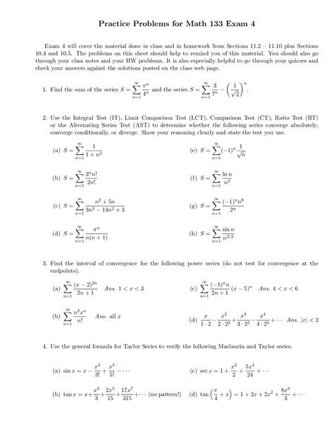 Practice Problems For Calculus Ii Exam 4 Mth 133 Docsity