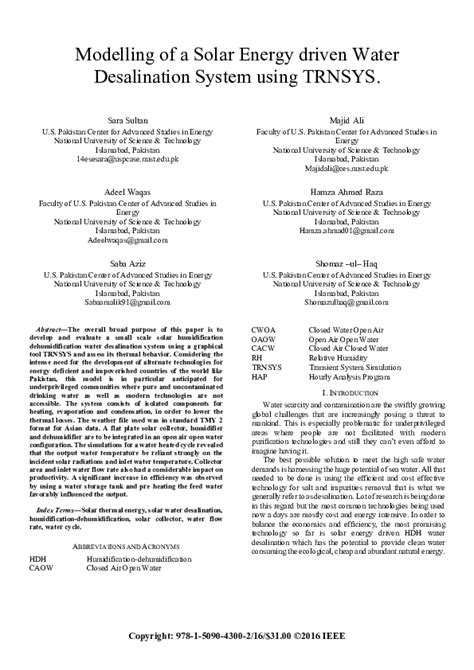 Pdf Modelling Of A Solar Energy Driven Water Desalination System Using Trnsys