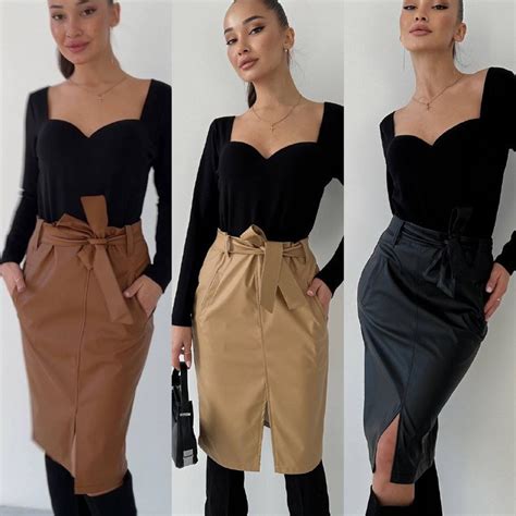 Womens High Waist Wet Look Skirt Faux Leather Pencil Skirt High