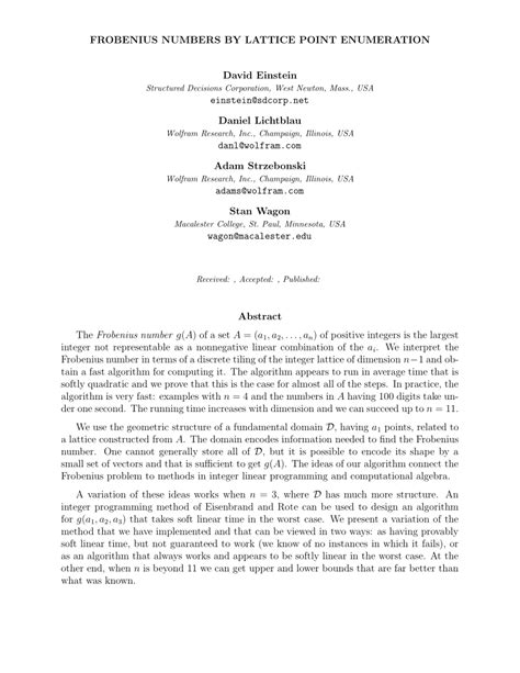 Pdf Frobenius Numbers By Lattice Point Enumeration