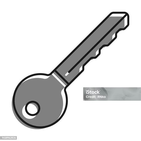선형은 회색 아이콘으로 채워져 있습니다 주거용 건물 또는 사무실의 정문을 잠그는 열쇠 라운드 핸들 키 간단한 흑백 벡터 흰색 배경에 격리 강철에 대한 스톡 벡터 아트 및