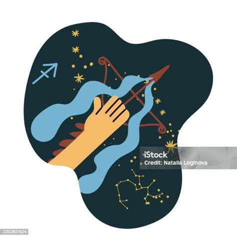 궁수자리 조디악 표지판 아치 활과 화살 점성술 별자리 기호 궁수 하늘 별 난해한 스티커 아이콘 손으로 그린 벡터 그림입니다 12월에 대한 스톡 벡터 아트 및 기타 이미지