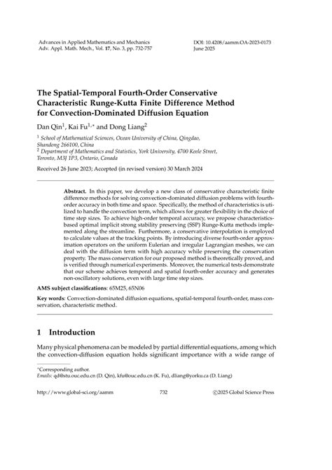 Global Science Press The Spatial Temporal Fourth Order Conservative Characteristic Runge Kutta