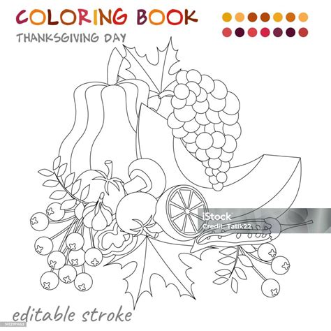 추수 감사절 호박 포도 및 채소의 정물 어린이와 성인을위한 색칠 템플릿 11월에 대한 스톡 벡터 아트 및 기타 이미지 11월 가을 검은색 Istock