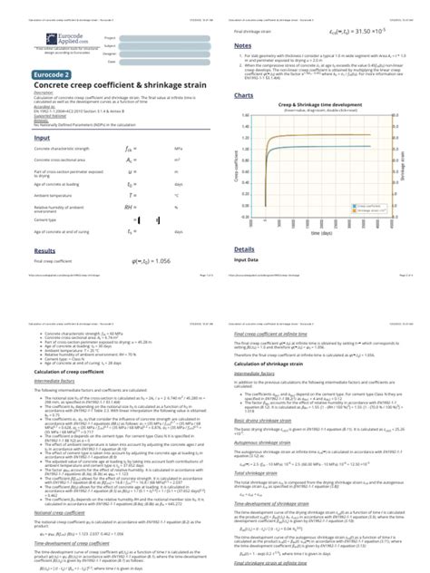 Calculation Of Concrete Creep Coefficient And Shrinkage Strain Eurocode