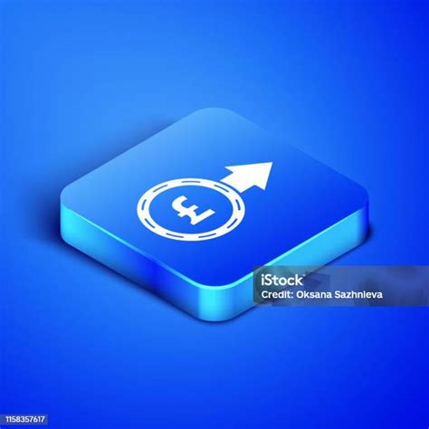 파란색 배경에 고립 된 파운드 스털링 기호 아이콘이있는 등각 칭량 동전 돈 은행 통화 기호입니다 현금 기호입니다 파란색 사각형 버튼입니다 벡터 일러스트레이션 개념에 대한