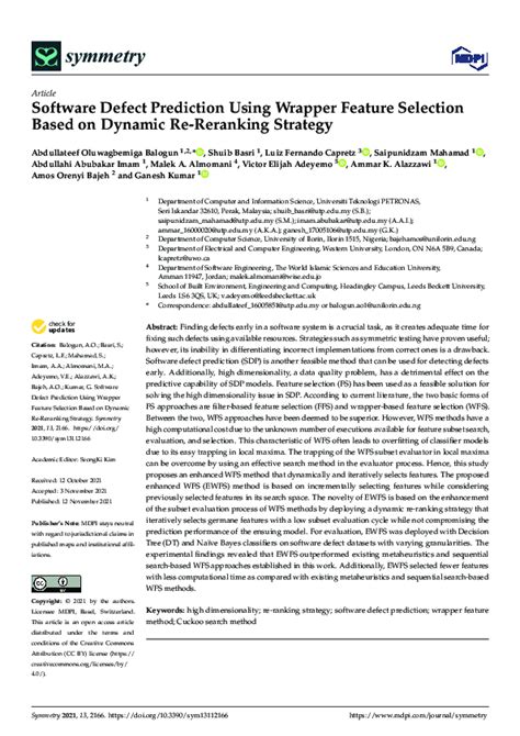 Pdf Software Defect Prediction Using Wrapper Feature Selection Based On Dynamic Re Reranking