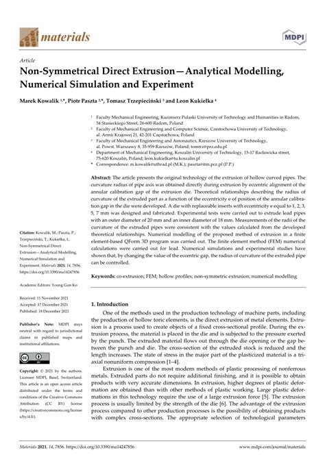 Pdf Non Symmetrical Direct Extrusion Analytical Modelling Numerical Simulation And Experiment