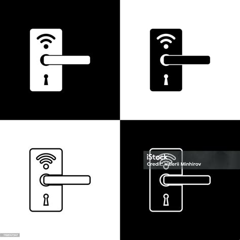 흑백 배경에 격리 된 잠금 해제 아이콘에 대한 무선 기술과 디지털 도어 잠금을 설정합니다 문 손잡이 기호입니다 개념의 보안 스마트 홈 벡터 일러스트레이션 0명에 대한 스톡