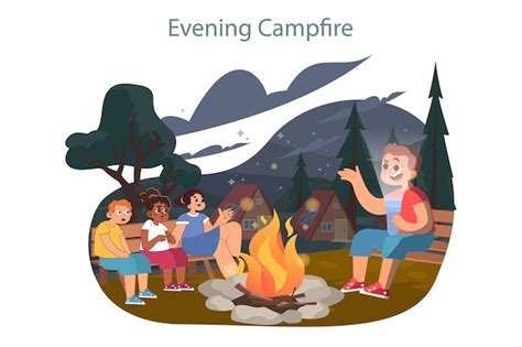 여름 캠프 모닥불 주위에 앉아 으스스한 이야기를 하는 아이들 프리미엄 벡터