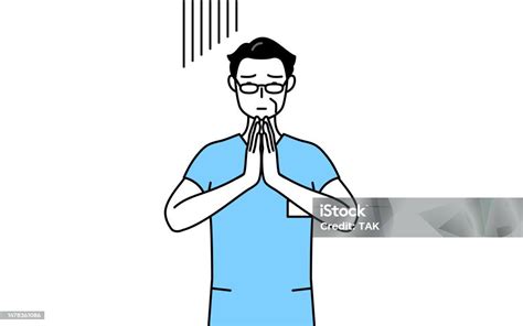 중년 수석 남자 간호사 물리 치료사 작업 치료사 언어 치료사 제복을 입은 간호 조수가 몸 앞에서 손으로 사과합니다 가정간병인에 대한 스톡 벡터 아트 및 기타 이미지 Istock