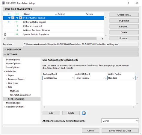 font conversion dxf dwg translation setup