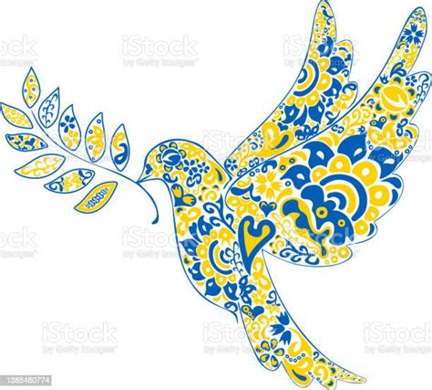 우크라이나 국기 색상과 우크라이나어 국기 색상과 민족 패턴 민족 패턴평화 표지판의 올리브 가지 비둘기 평화의 상징에 대한 스톡 벡터 아트 및 기타 이미지 Istock