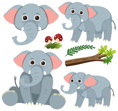 귀여운 코끼리 만화 캐릭터 세트 무료 벡터