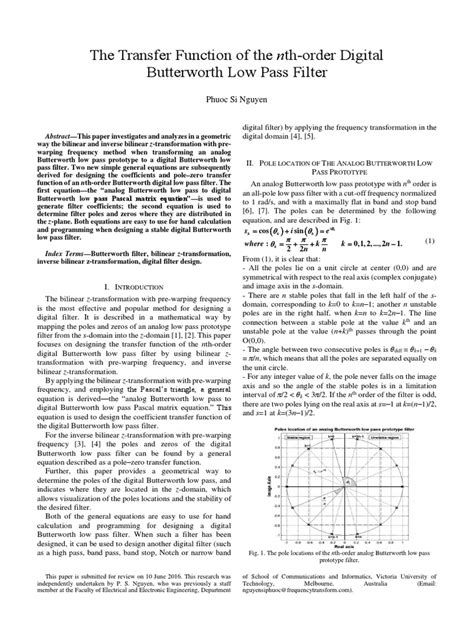 the transfer function of the nth order digital butterworth low pass filter download free pdf