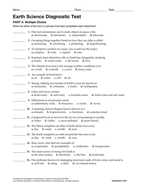 Earth Science Diagnostic Test Middle School