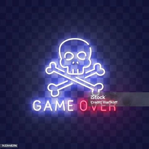 네온 사인 밝은 간판 가벼운 배너를 통해 두개골 게임 게임 오버 로고 네온 엠블럼 벡터 일러스트 레이 션 컴퓨터 글자에 대한