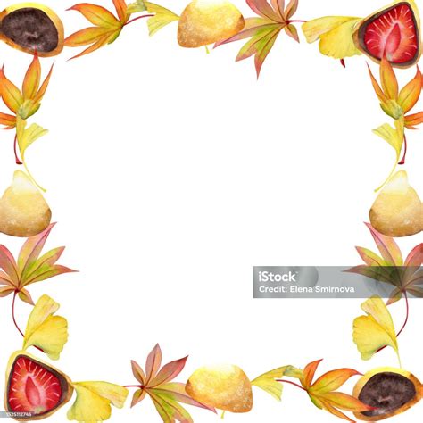 수채화 손으로 그린 일본 전통 과자 나뭇잎이 있는 가을 화자시의 정사각형 프레임 흰색 배경에 격리되어 있습니다 초대장 레스토랑 메뉴 인사말 카드 인쇄 섬유 디자인 0명에