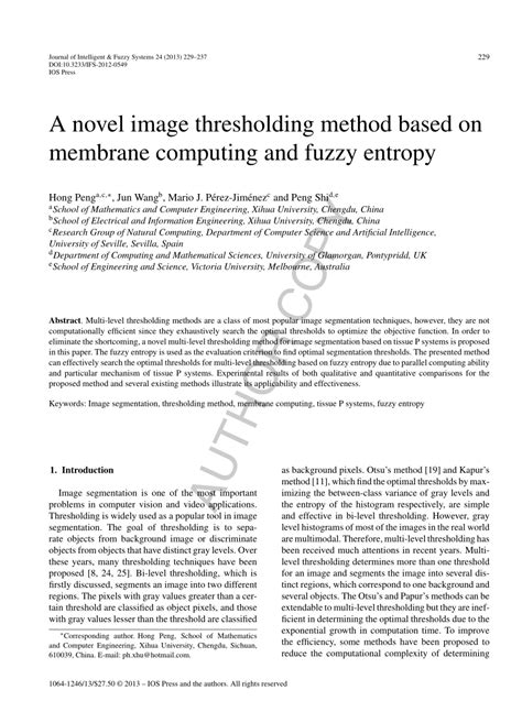 PDF A Novel Image Thresholding Method Based On Membrane Computing And Fuzzy Entropy