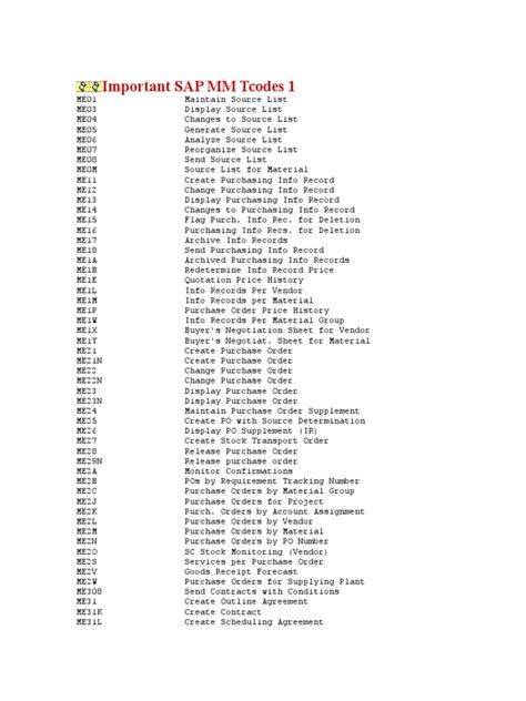 Important Sap Mm Tcodes 1 Pdf Intellectual Works Economies