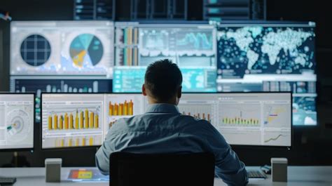 Analyst Monitoring Data On Multiple Screens In A Hightech Control Room Premium Ai Generated Image